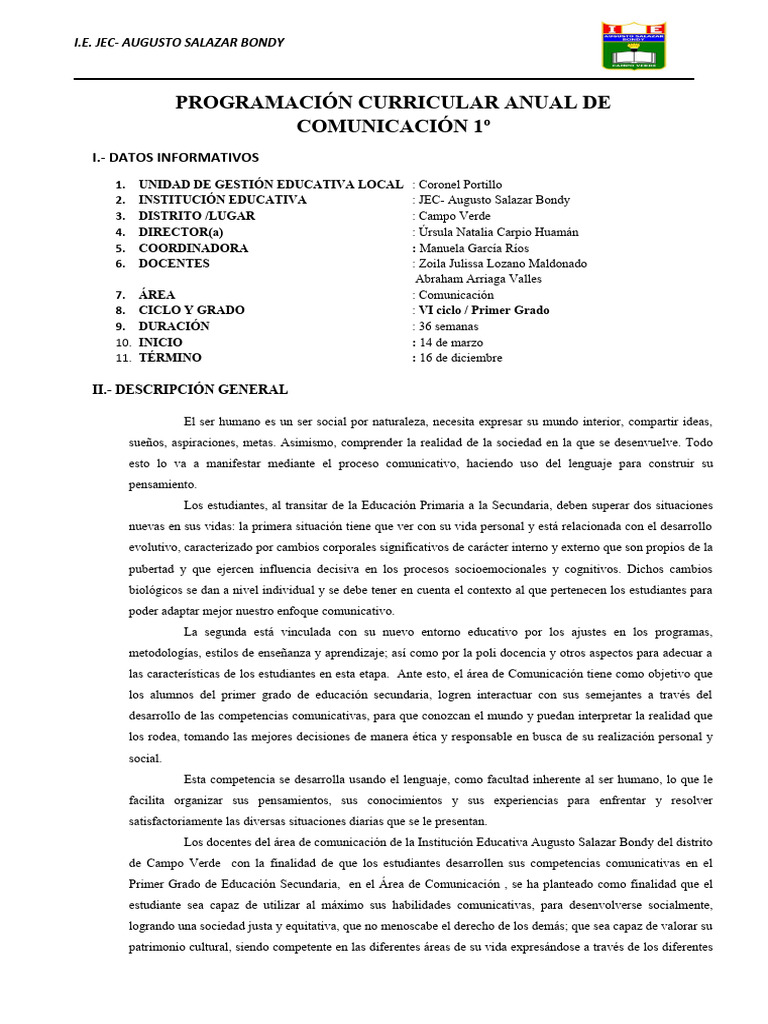 1° Programacion Anual Primero | PDF | Aprendizaje | Comunicación