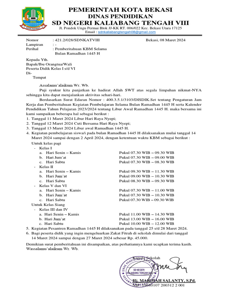 Surat Pemberitahuan KBM Selama Bulan Ramadhan 1445 H - Revisi | PDF