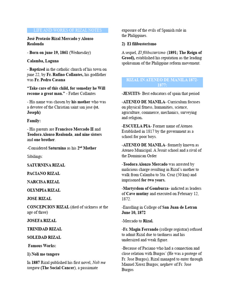 Life and Works of Rizal Notes | PDF | Philippines