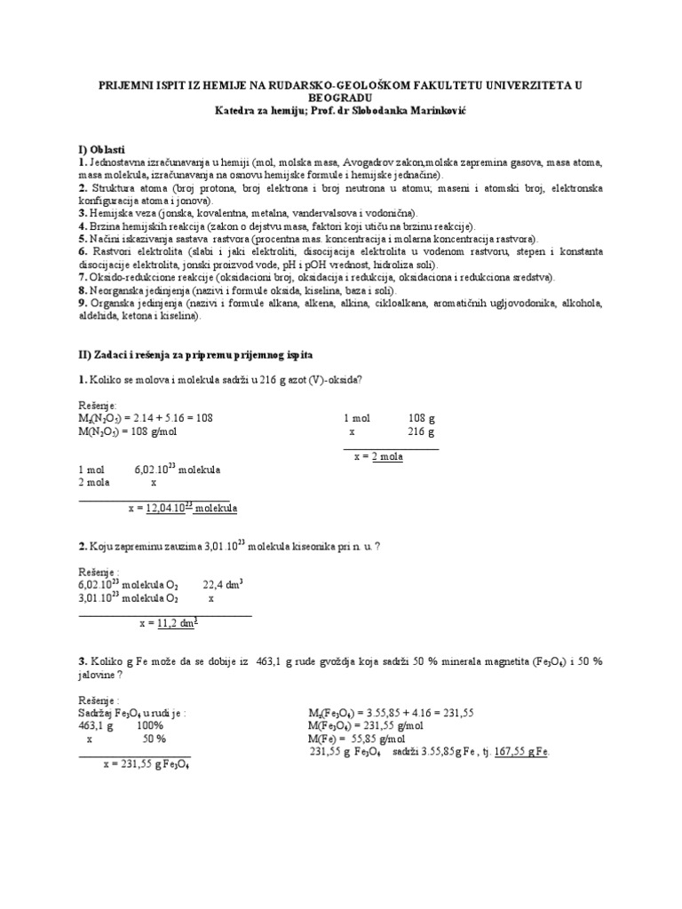 RUDARSKO GEOLOSKI FAK. Zadaci Za Prijemni Ispit Iz Hemije | PDF