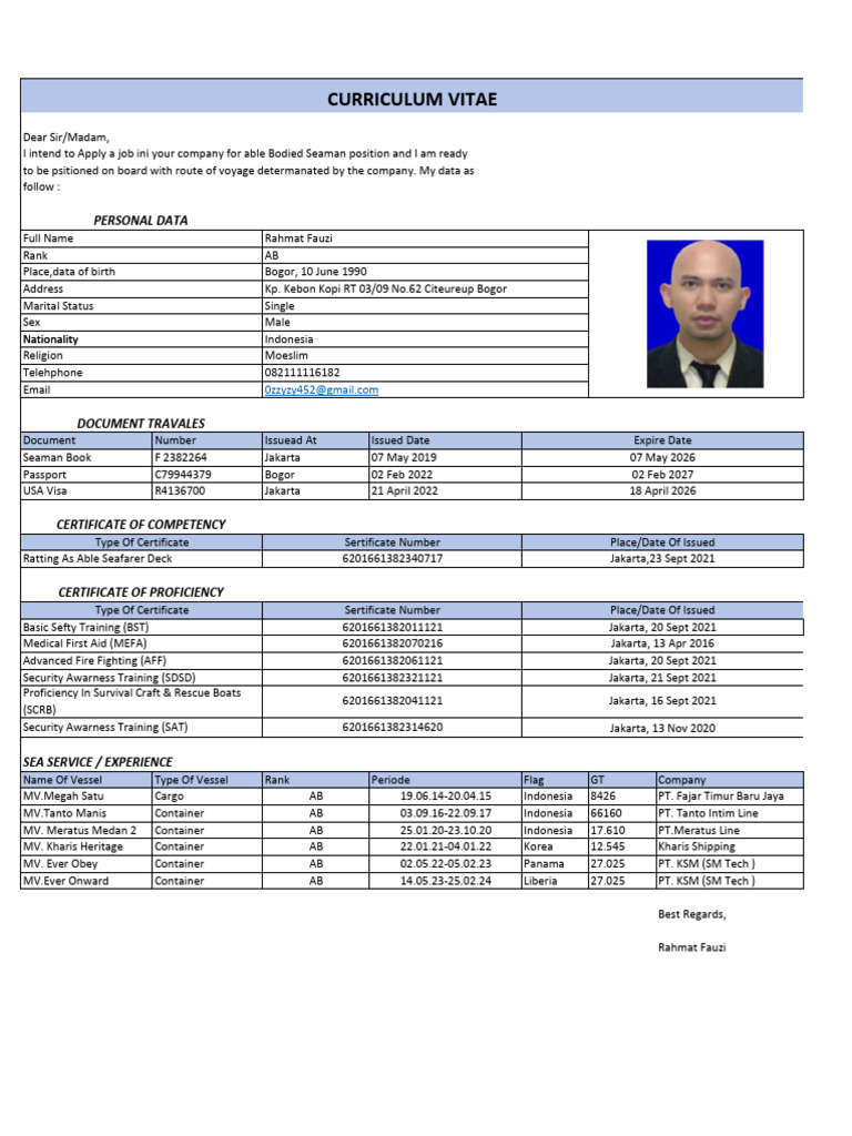 CV Rahmat Update | PDF | Sailor | Ships