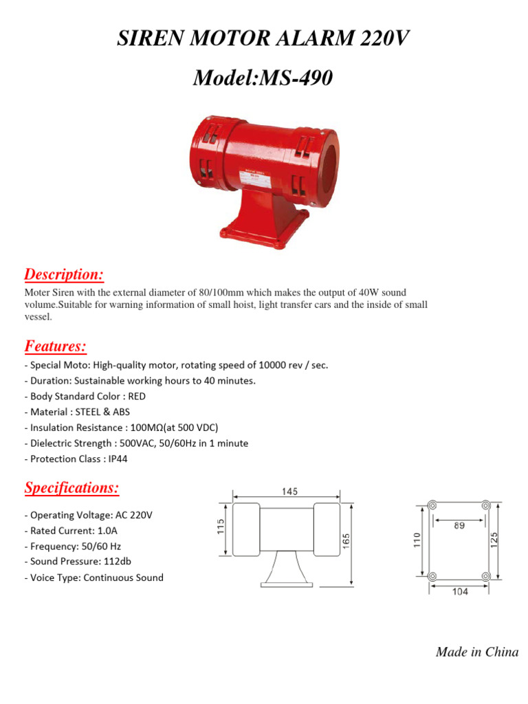 MS-490 Motor Siren Specifications | PDF