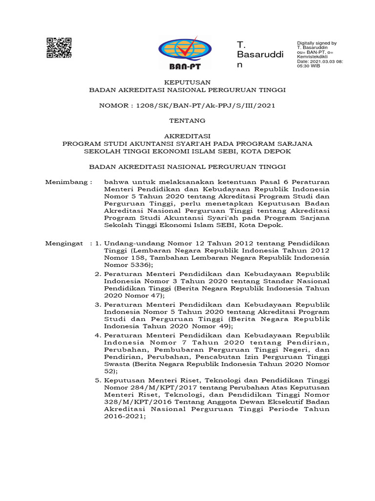 Akreditasi B Akuntansi Syariah SEBI | PDF