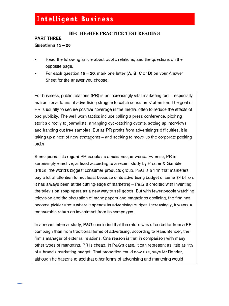 BEC_Higher_Reading_Part_Three | PDF | Advertising | Procter & Gamble
