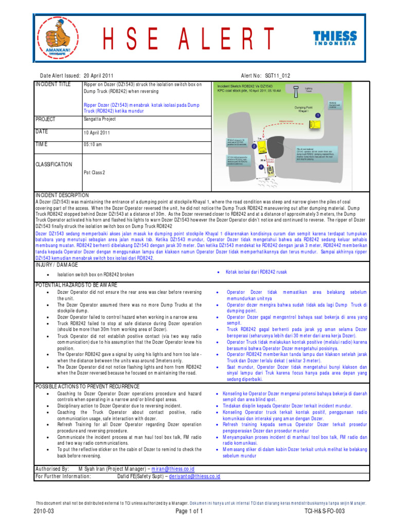 Safety Alert From Sangatta - Ripper On Dozer (DZ1543) Struck The ...
