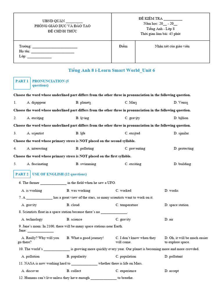 Tiếng Anh 8 i-Learn Smart World - Unit 6 | PDF | Unidentified Flying ...