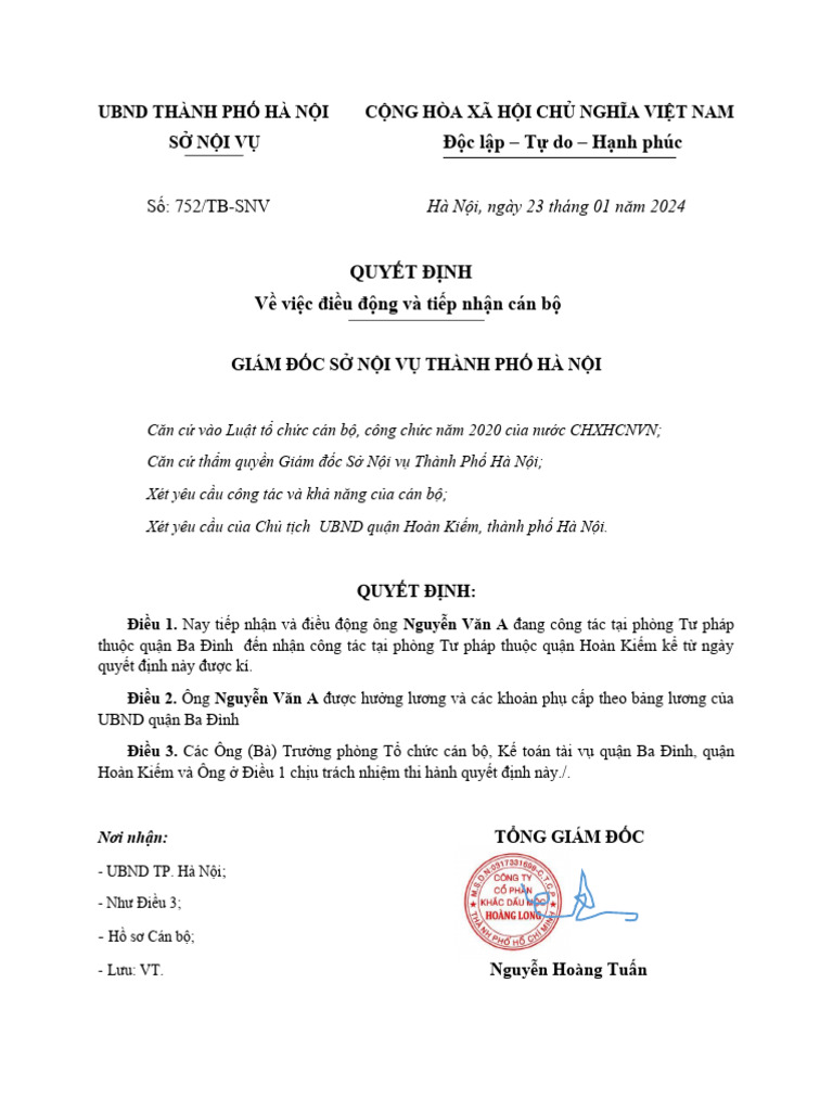 Độc lập - Tự do - Hạnh phúc: Số: 752/TB-SNV Hà Nội, ngày 23 tháng 01 năm 2024 | PDF