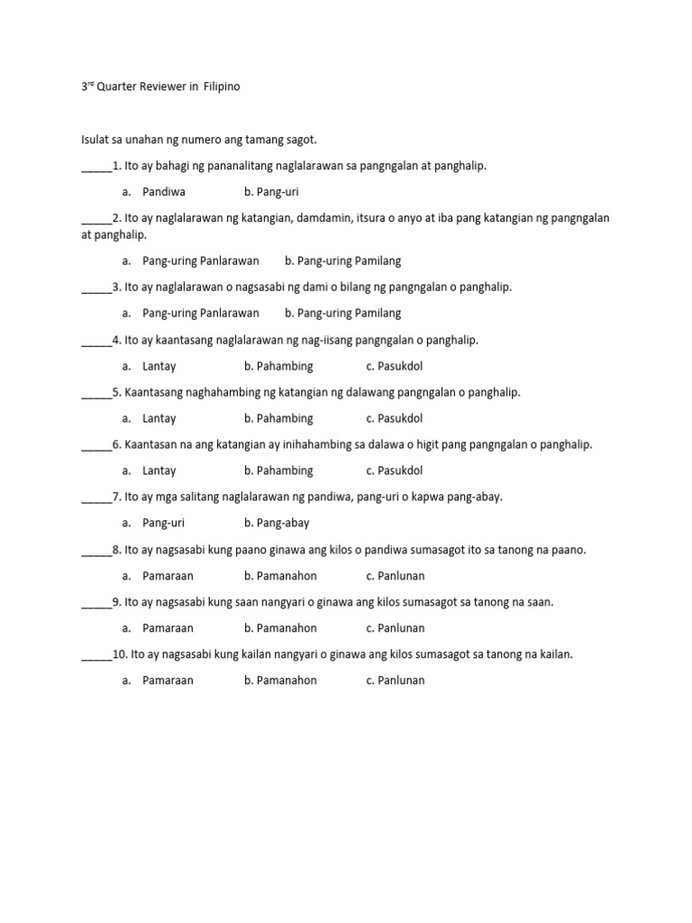 3rd Quarter Reviewer (Grade 3) Filipino and English | PDF