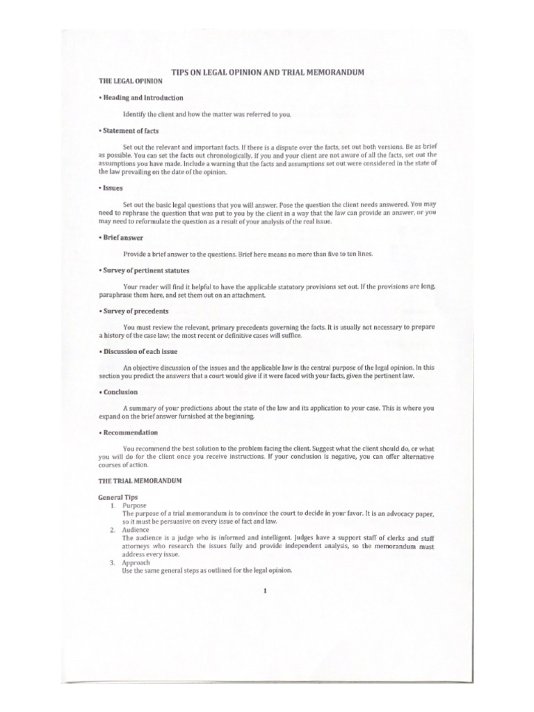 Tips On Legal Opinion and Trial Memorandum | PDF