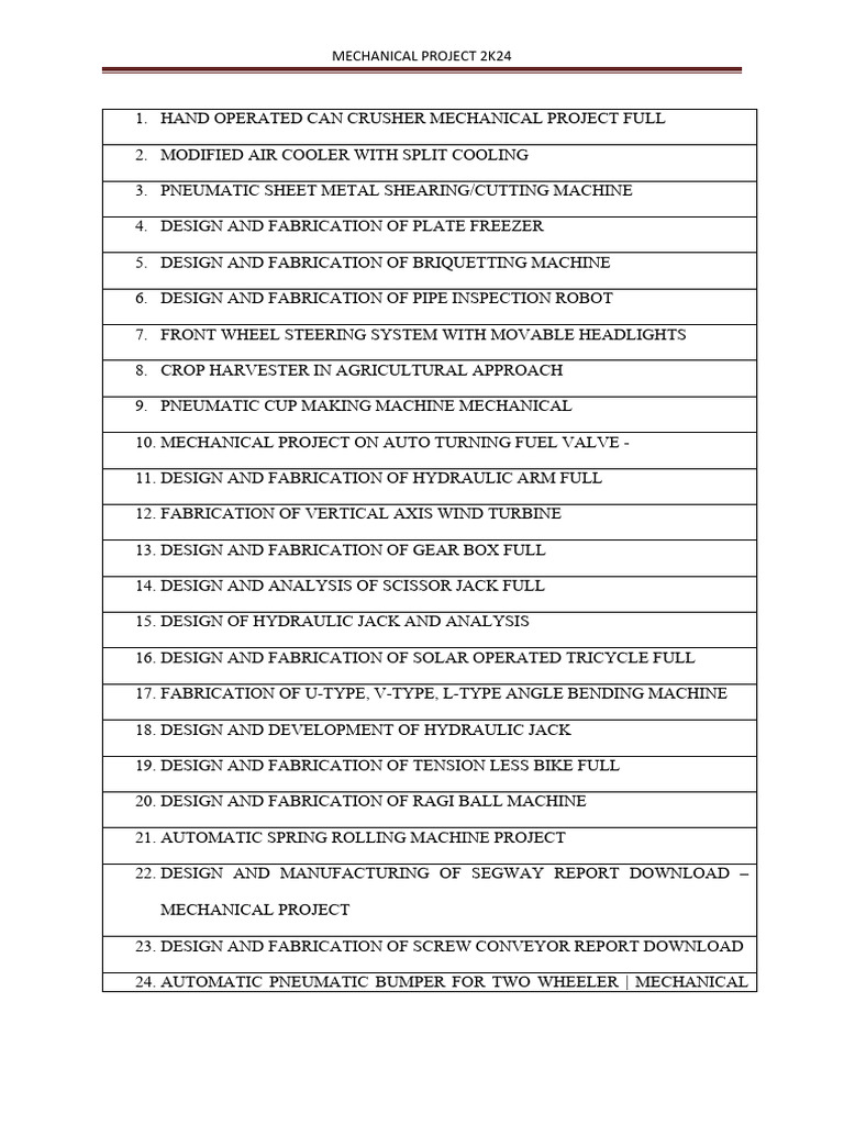 2K24 MECHANICAL PROJECT LIST | PDF | Machines | Brake