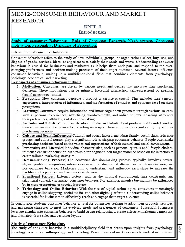 MB 312 Consumer Behaviour and Market Research | PDF | Consumer Behaviour | Behavior