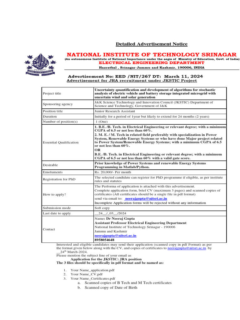 JRA Advertisement Under JKSTIC Project | PDF