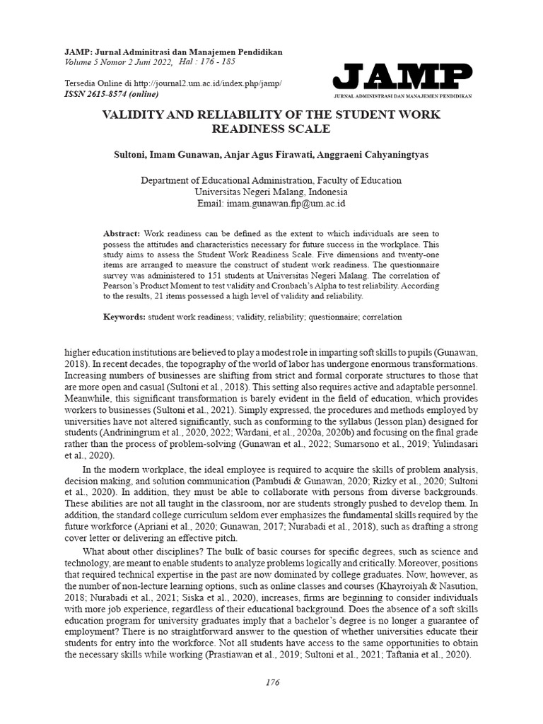 Validity and Reliability of The Student Work Readiness Scale | PDF | Cronbach's Alpha | Validity ...