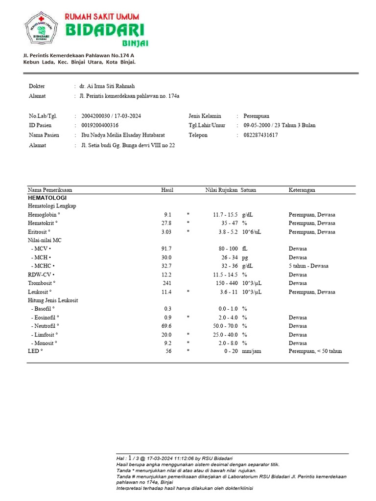 Hasil Laboratorium Hematologi dan Urinalisa | PDF
