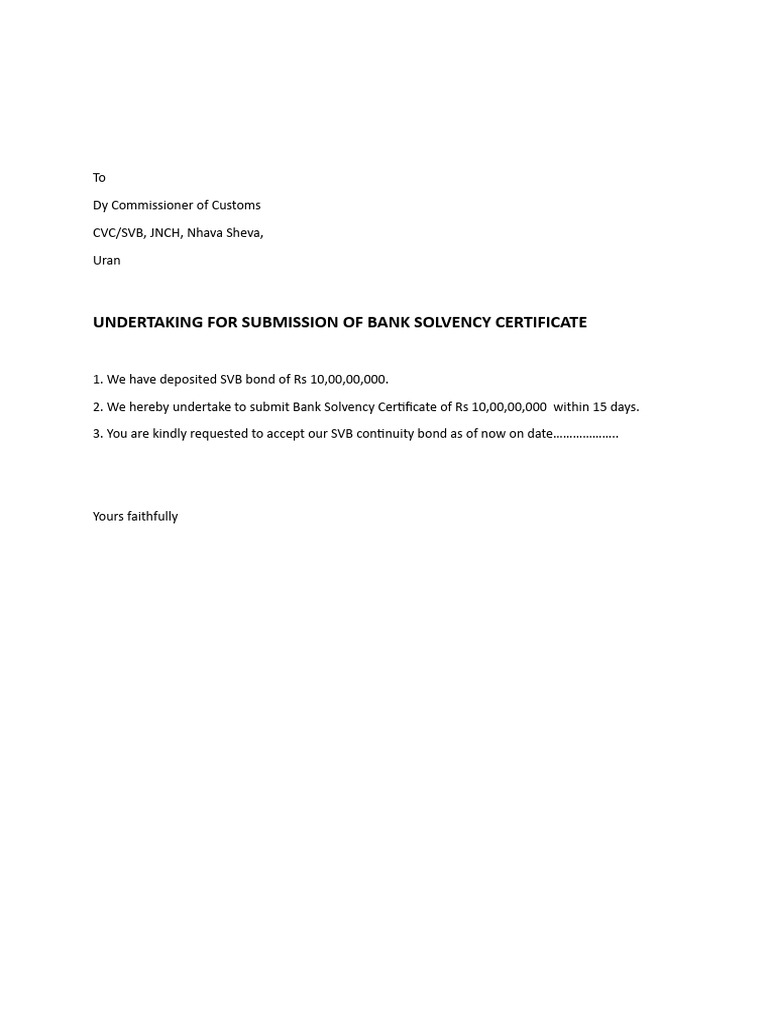 SVB Bond Solvency Certificate Undertaking | PDF