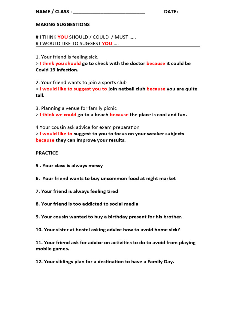 MAKING SUGGESTIONS Practice | PDF