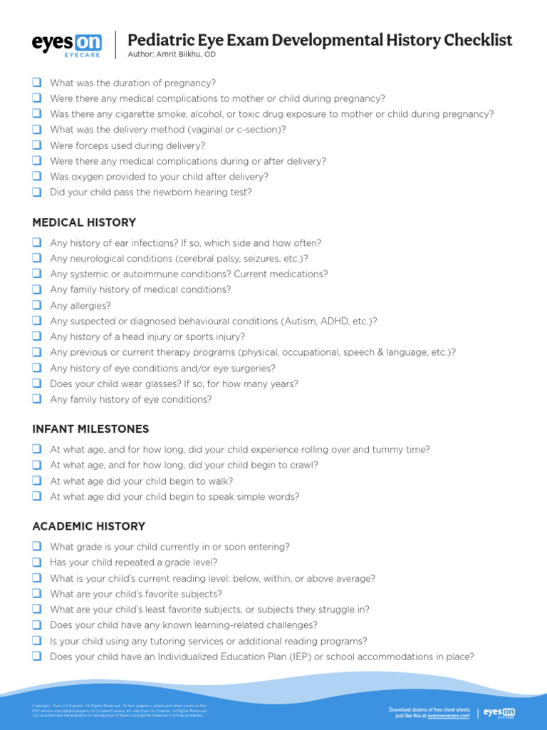 Pediatric Eye Exam Developmental History - Checklist | PDF | Childbirth ...