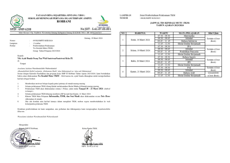 Surat Pemberitahuan Dan Jadwal TKM | PDF