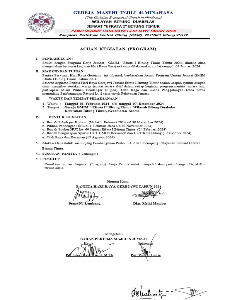 Program Kerja Panitia Hari Raya Gereja Utk Pengurusan Ijin THN 2024 | PDF