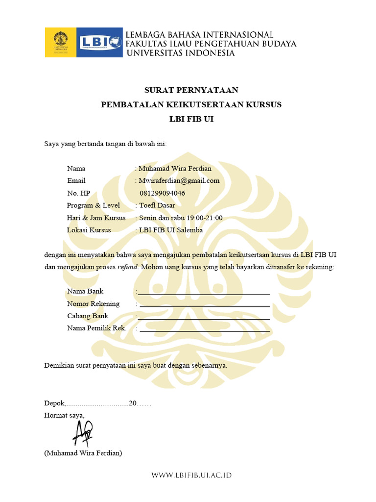 Pembatalan Kursus LBI FIB UI | PDF