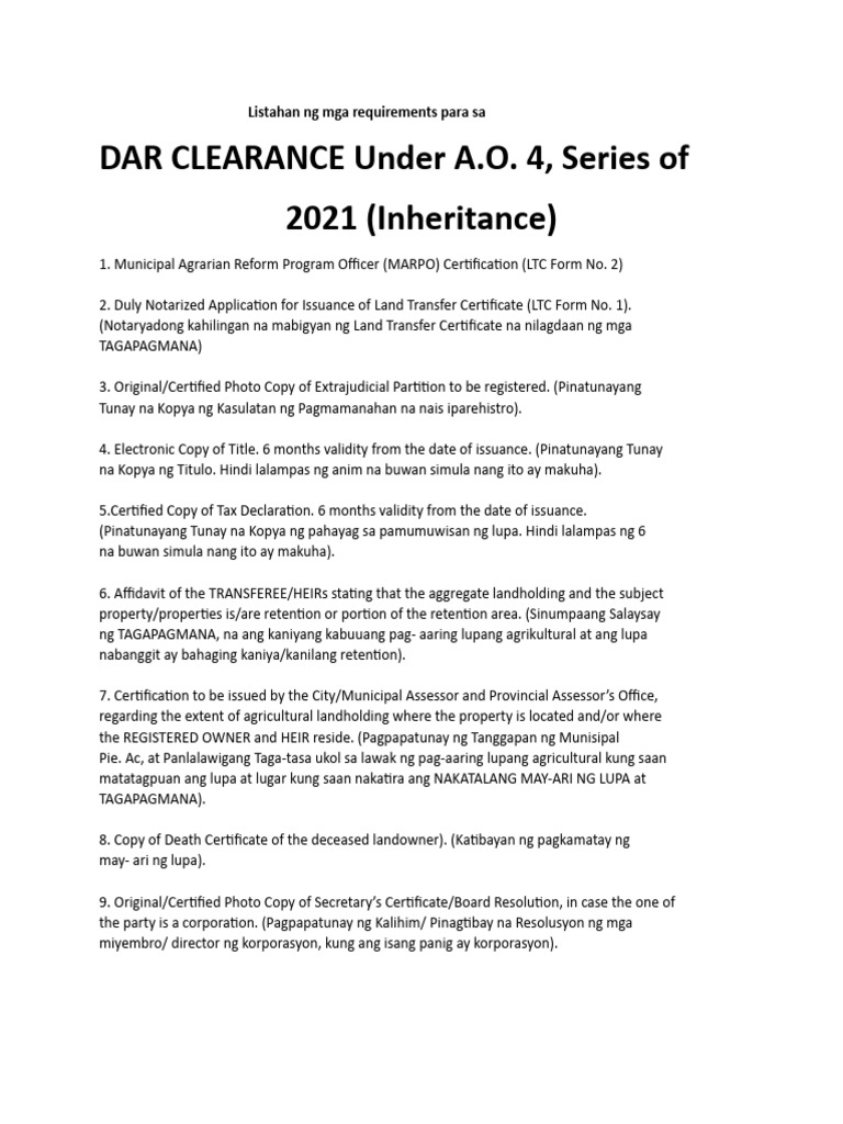 DAR CLEARANCE Under A.O. 4, Series of 2021 (Inheritance) : Listahan NG ...