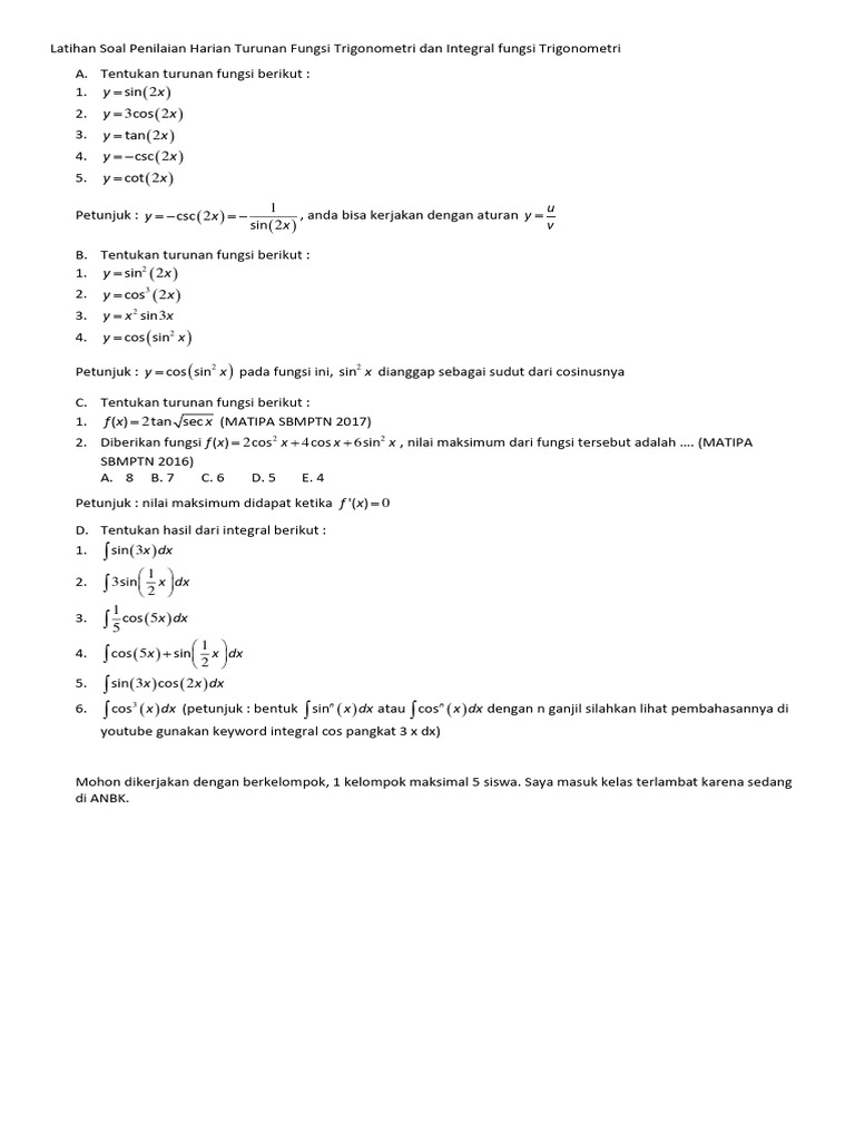 Latihan Soal PH Turunan Fungsi Trigonometri Dan Integral Fungsi Trigonometri | PDF