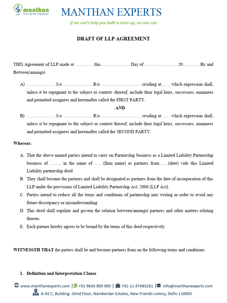 Draft of LLP Agreement | PDF | Limited Liability Partnership | Partnership