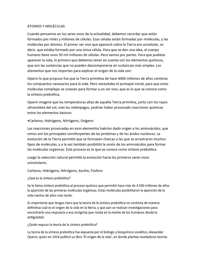 átomos Y Moléculas Pdf Organismos Abiogénesis