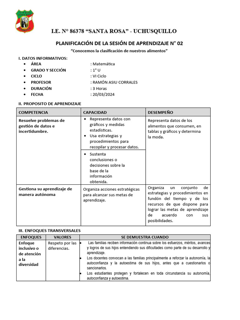 Sesiones Matemática 1° - SESION 2 | PDF | Aprendizaje | Alimentos