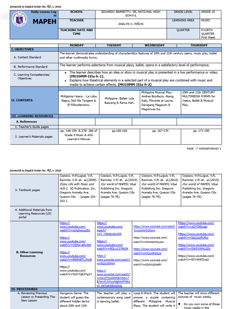 DLL - Grade 10 Music 4th Quater First Week by Eynah | PDF | Multimedia