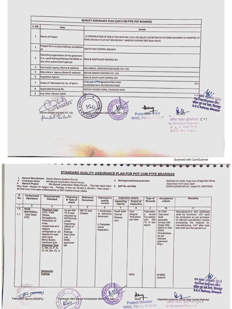 QAP For PTFE-POT Bearing 10410 54m Span For ROB 50+675 | PDF