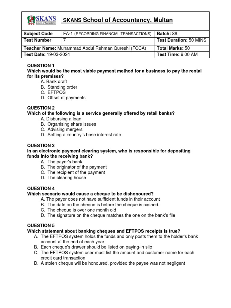 Fa1 Batch 86 Test 19 March 24 | Download Free PDF | Overdraft | Cheque