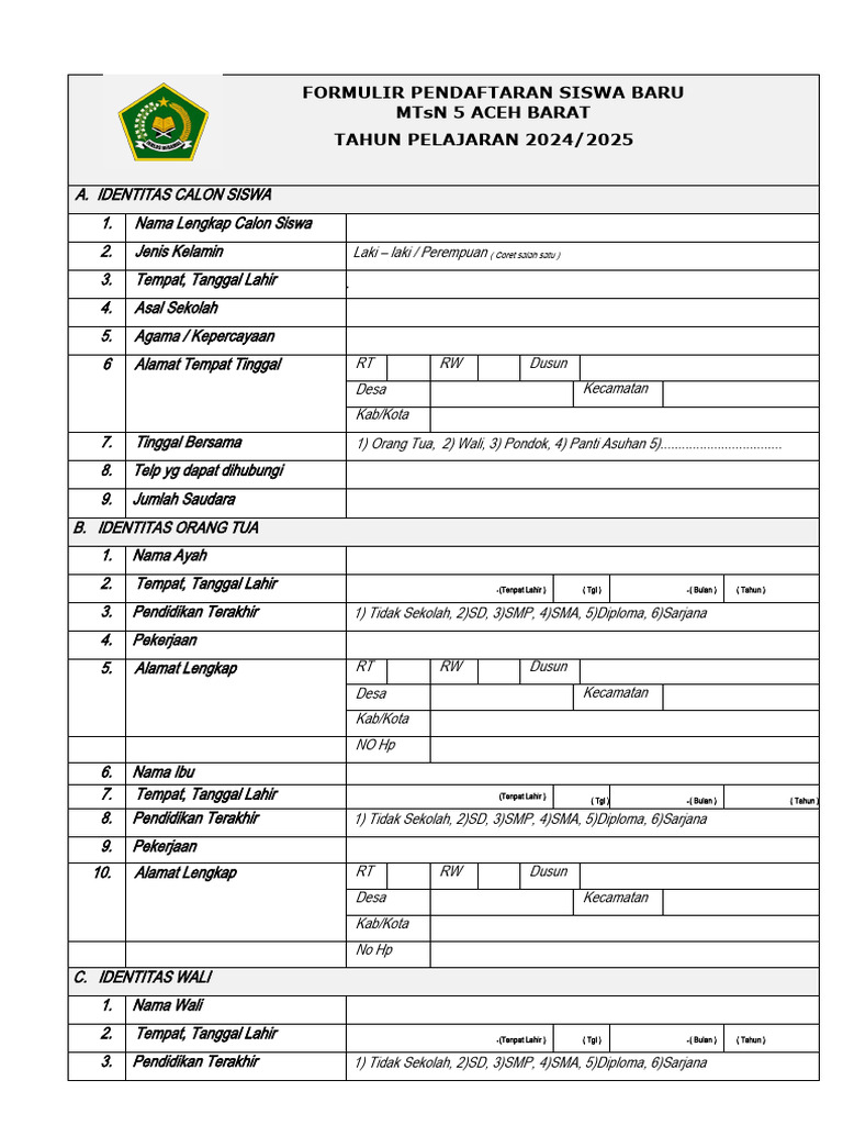 Contoh Formulir PPDB 2024-2025 | PDF