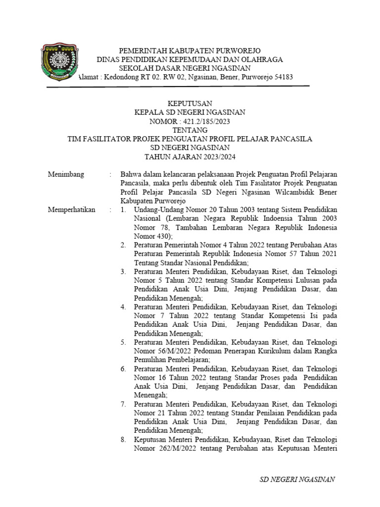 Tim Fasilitator P5 SD Ngasinan 2023/2024 | PDF | Kesehatan Holistik