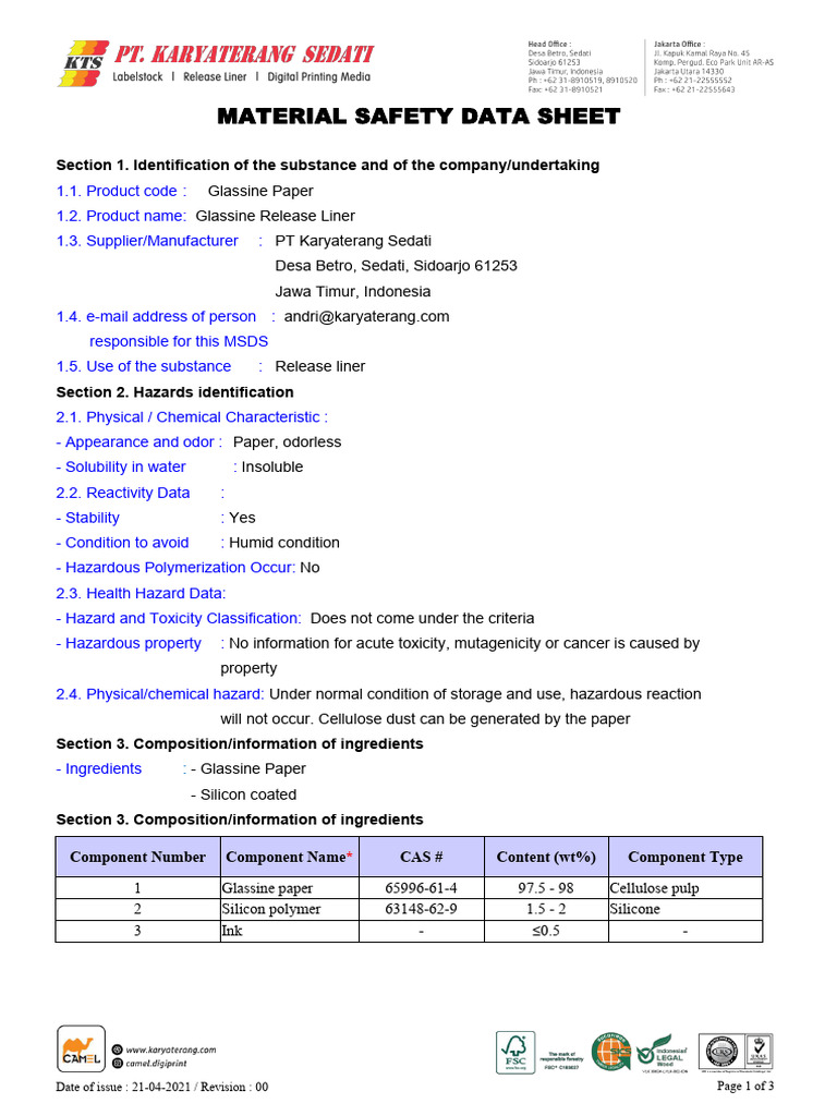 MSDS Glassine Release Liner | PDF | Fires | Paper
