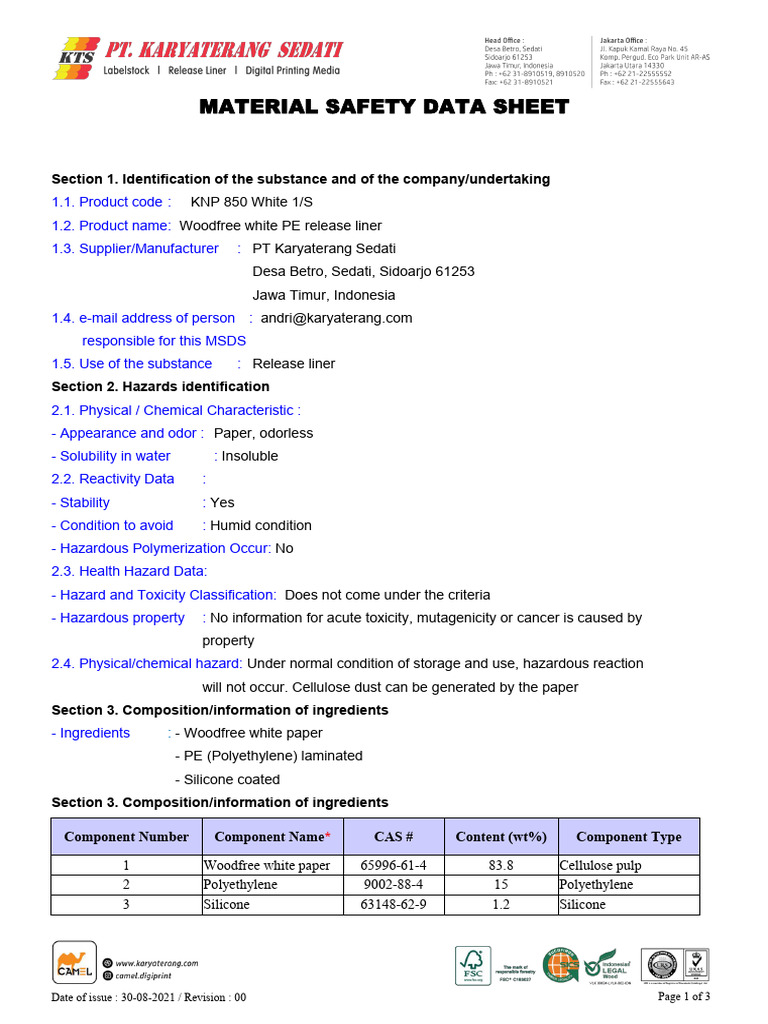 Msds Knp 850 White | PDF | Fires | Waste Management