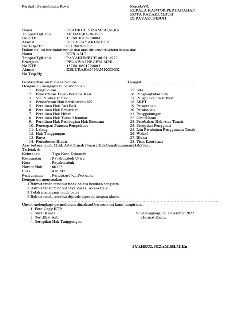 Permohonan Roya Tanah Payakumbuh | PDF
