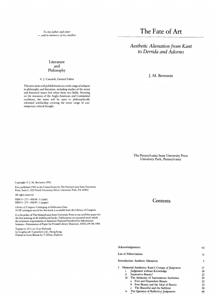 Bernstein-The Fate of Art. Aesthetic Alienation from Kant to Derrida ...