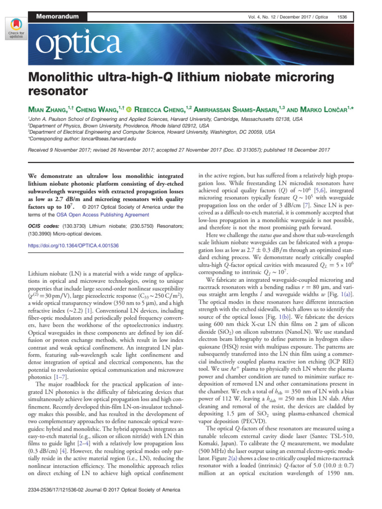 Monolithic Ultra-High-Q Lithium Niobate Microring Resonator | PDF | Optics | Thin Film