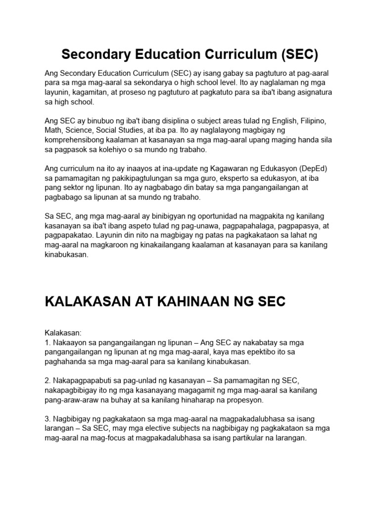 Secondary Education Curriculum Sec Pdf