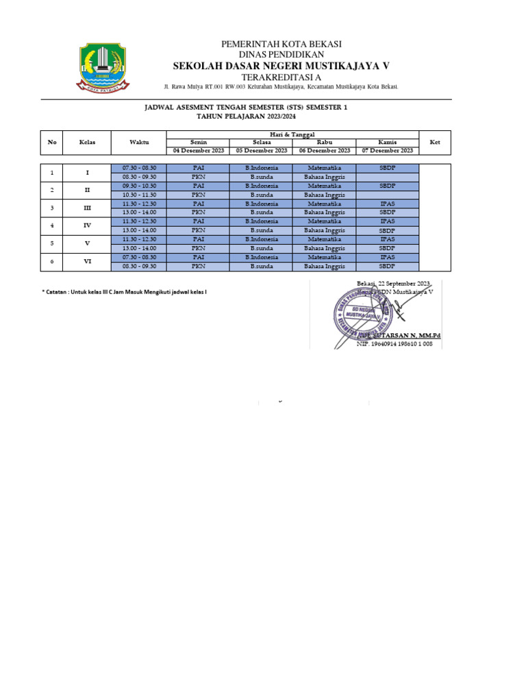 Jadwal Sas Ganjil Tahun Pelajaran 2023-2024 | PDF