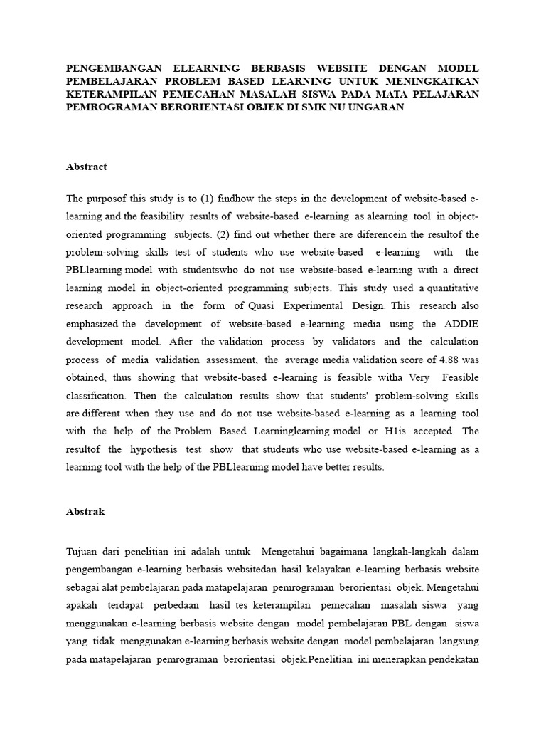 PENGEMBANGAN ELEARNING BERBASIS WEBSITE DENGAN MODEL PEMBELAJARAN PROBLEM BASED LEARNING UNTUK ...