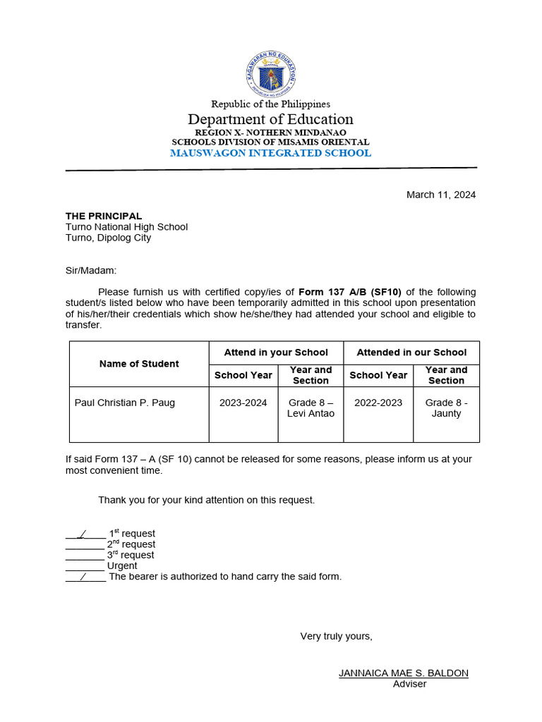 Letter Request For Form 137 A sf10 | PDF