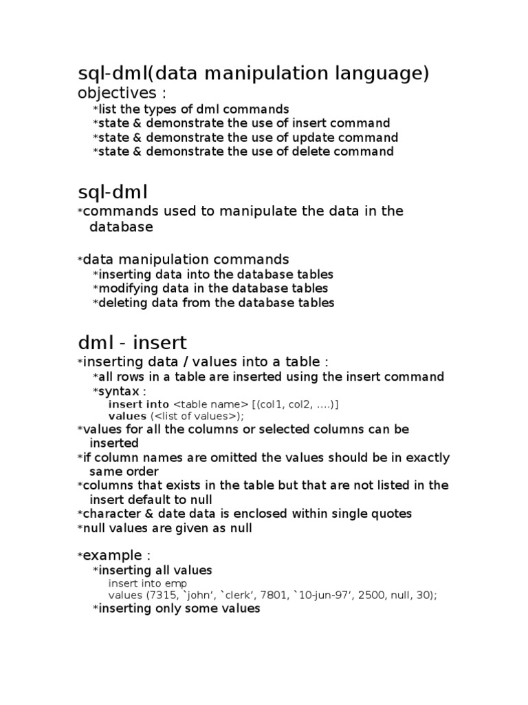 SQL-DML (Data Manipulation Language) : Objectives | PDF | Database ...