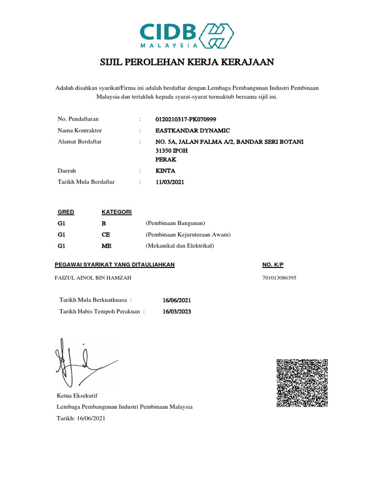 Sijil Cidb 170321 - 160323 (SPKK) | PDF