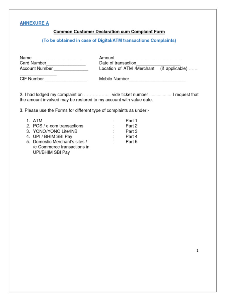 Common Customer Declaration Cum Complaint Form: Nnexure A | PDF ...