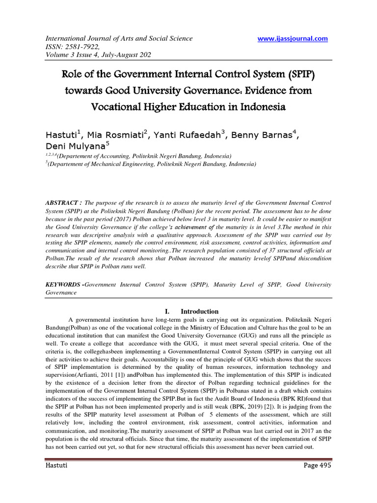 Role of The Government Internal Control System (SPIP) Towards Good University Governance ...
