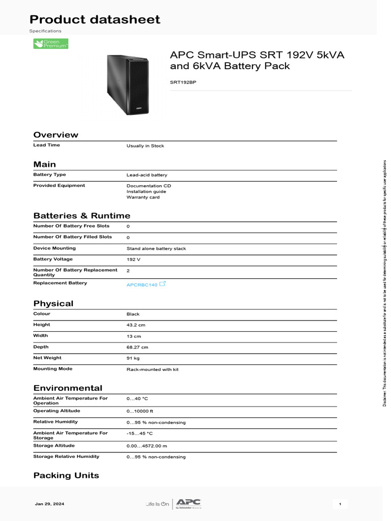 APC Smart-UPS SRT 192V 5kVA and 6kVA Battery Pack (SRT192BP) | PDF ...