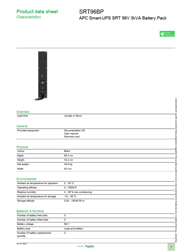 APC Smart-UPS SRT 96V 3kVA Battery Pack (SRT96BP) | PDF | Technology ...