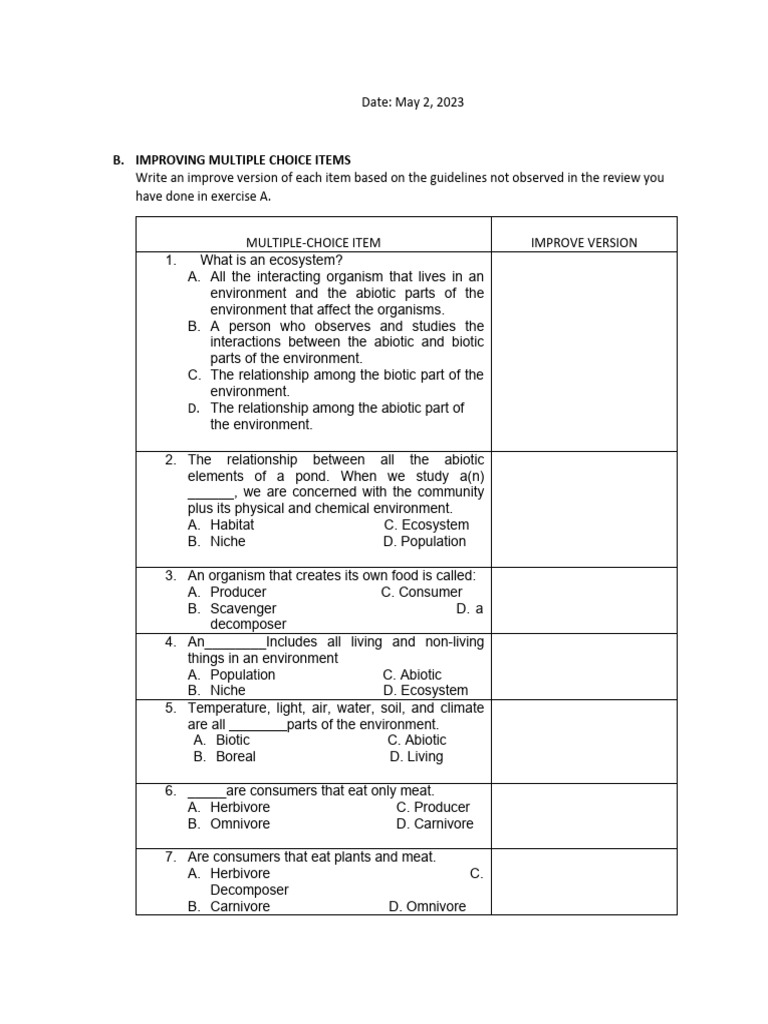 TOS MULTIPLE-CHOICE ITEM Assessment Learning 1 | PDF | Food Web ...